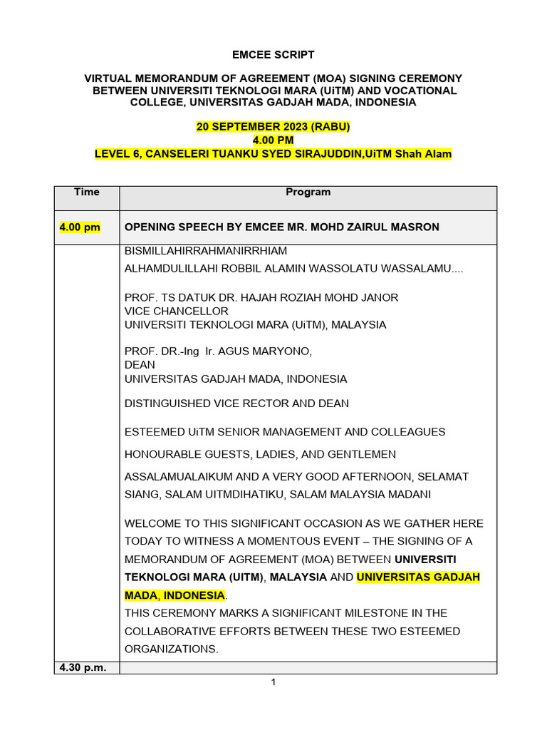 EMCEE SCRIPT MoU - UiTM VS UNIVERSITAS GADJAH MADA | PDF