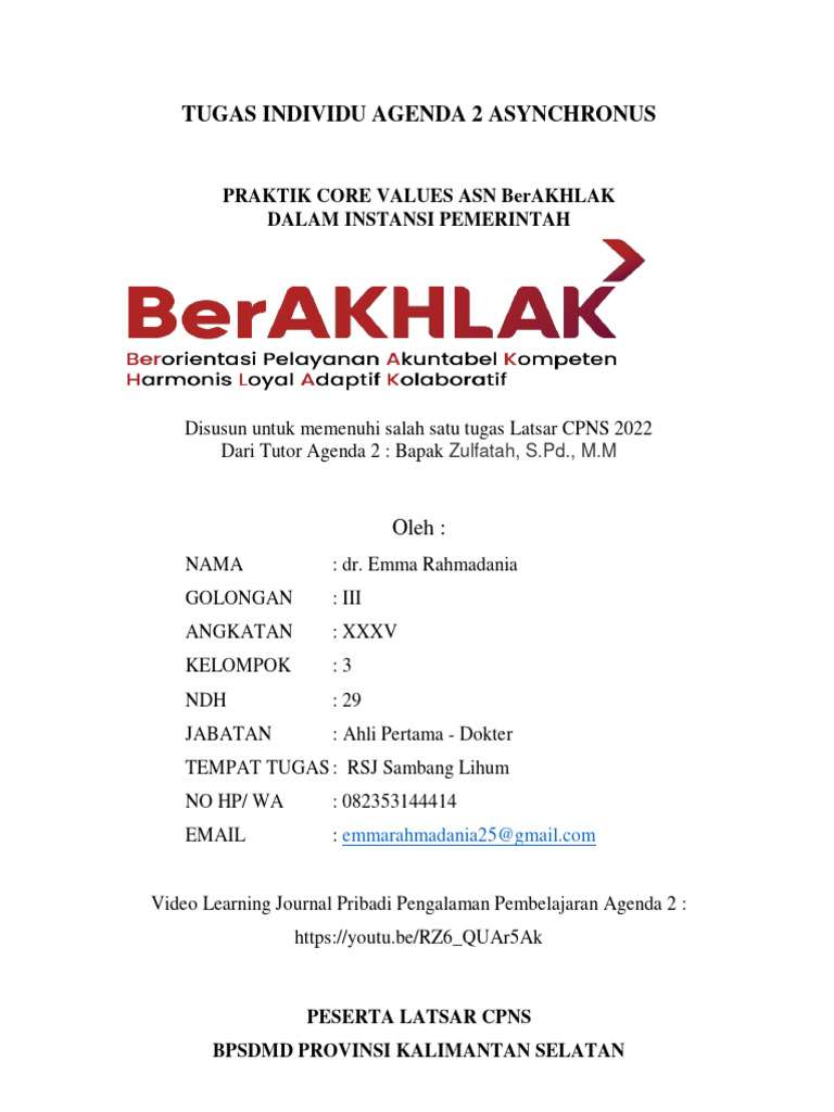 TUGAS INDIVIDU AGENDA 2 Core Values ASN BerAkhlak | PDF