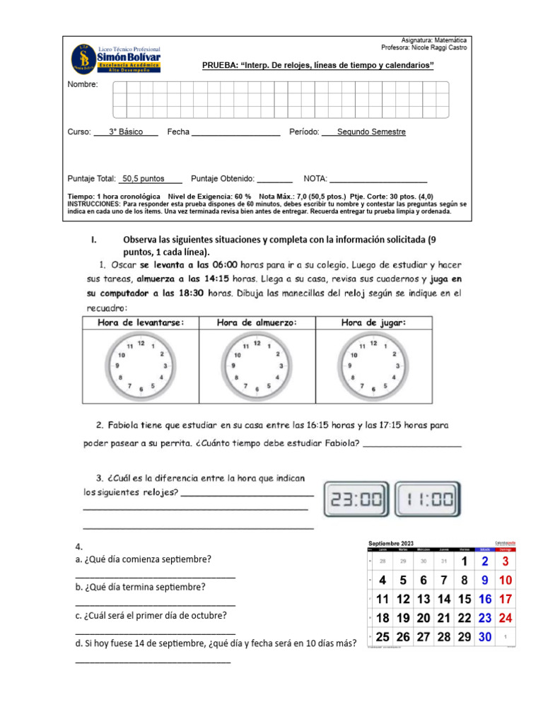 Prueba Interpretación Relojes, Calendario y Líneas de Tiempo | PDF