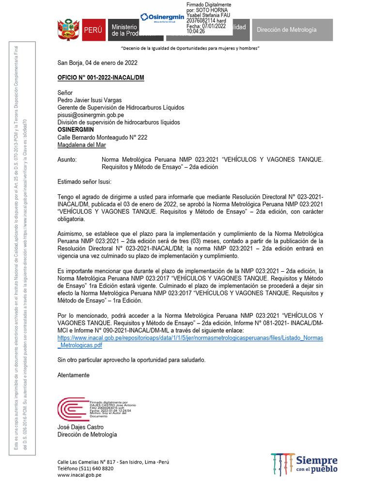 Oficio-00001-2022-Inacal-Dm Norma Metrológica Peruana | PDF