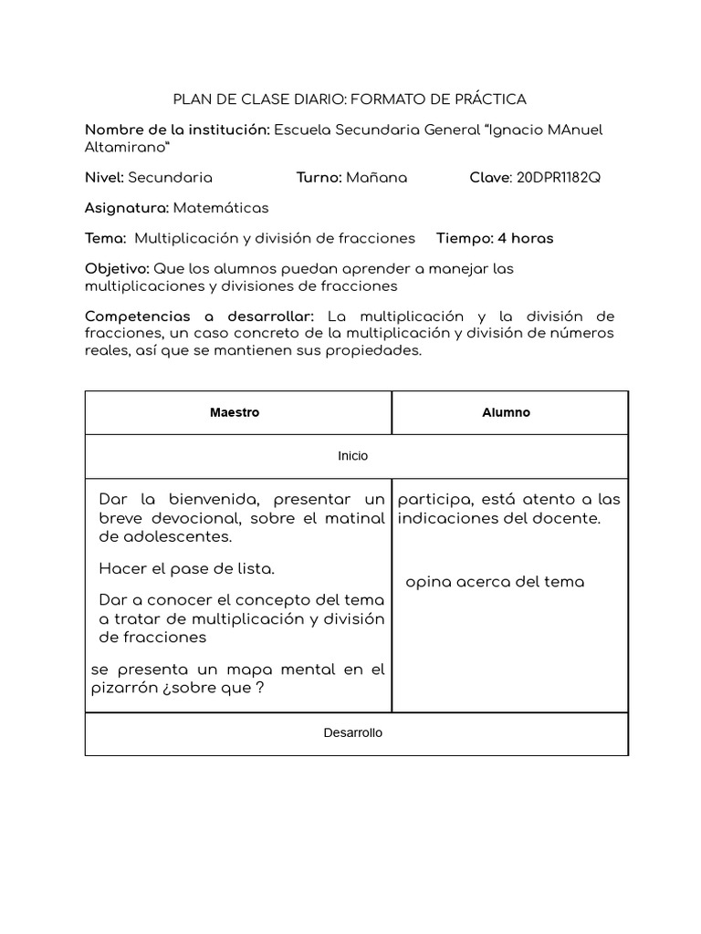 Plan de Clase Diario - Formato de Práctica | PDF | Multiplicación | Cognición
