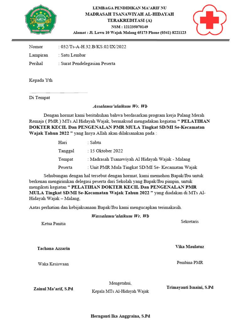 Surat Permohonan Delegasi PMR MTs | PDF