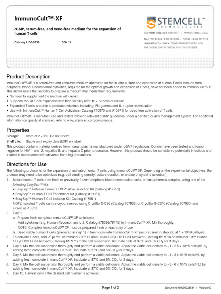 Stemcell T Media GMP ImmunoCult™-XF | PDF | Blood Plasma | T Cell