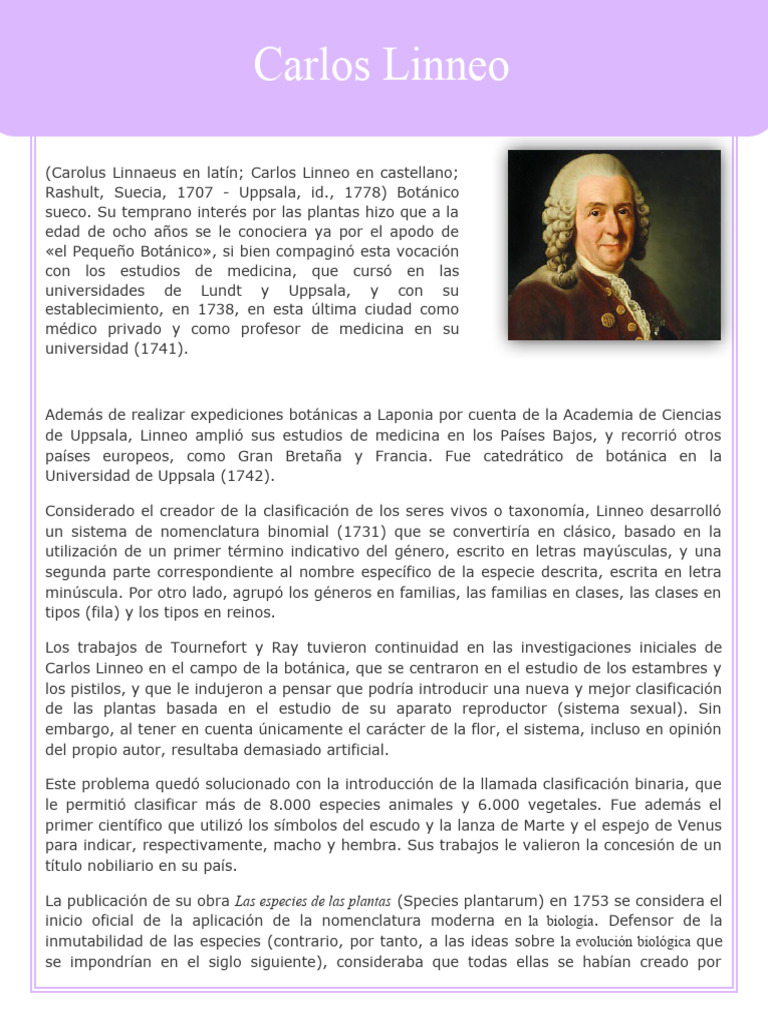 Biografia Carlos Linneo Ciencia | PDF | Taxonomía (biología) | Biología