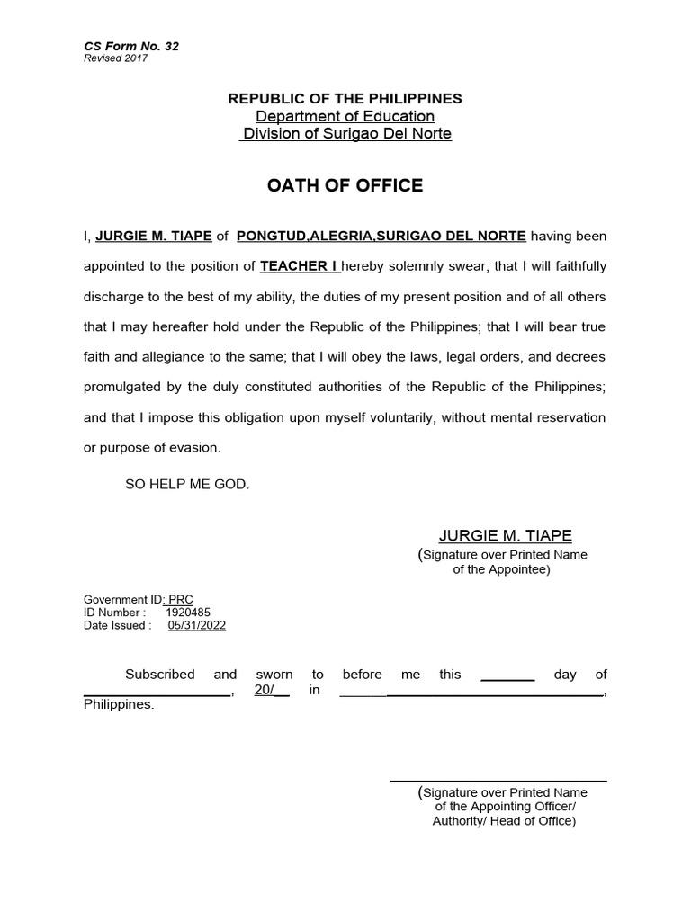 CS Form No. 32 Oath of Office 1 | PDF