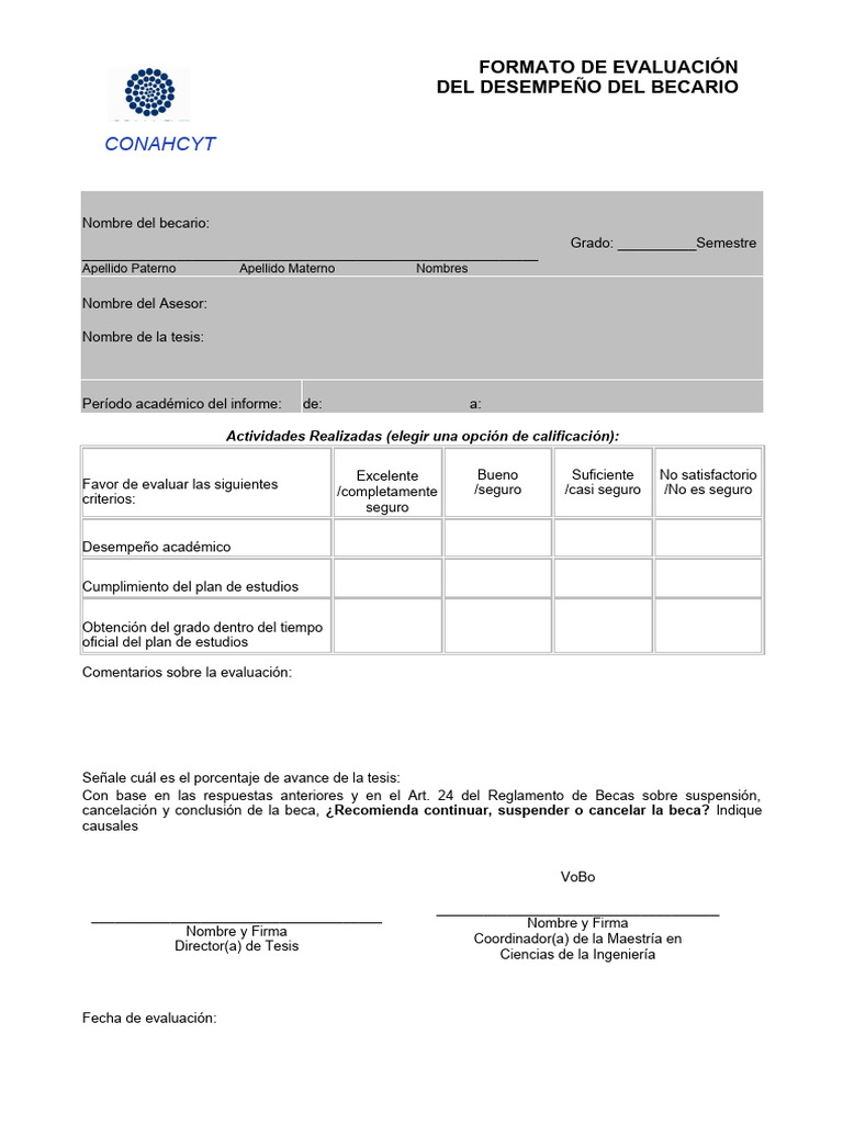 Evaluación Desempeño Becario CONACYT 2025 | PDF