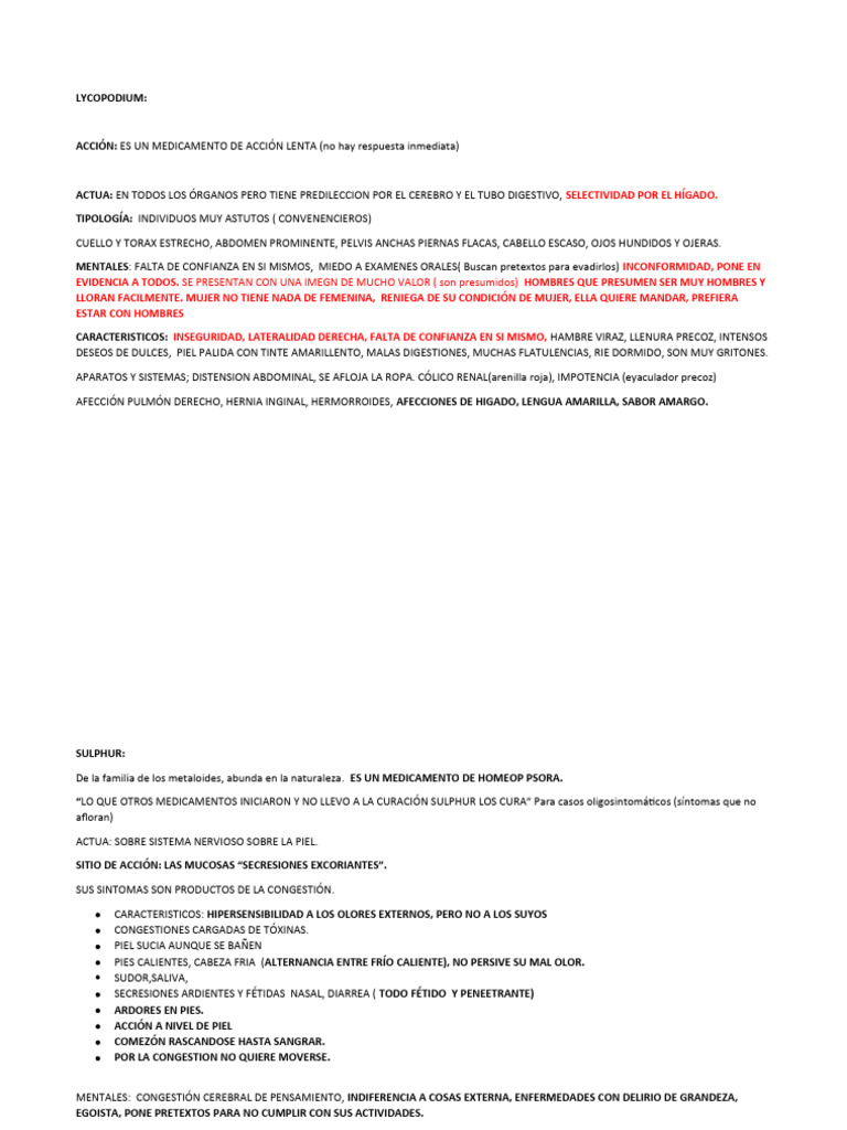 Medicamentos Homeopáticos: Lycopodium, Sulphur y Sepia | PDF ...