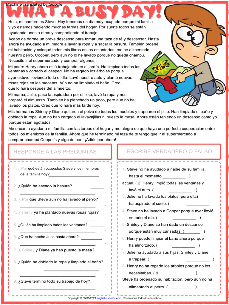 Present Perfect Tense What A Busy Day Esl Reading Comprehension ...