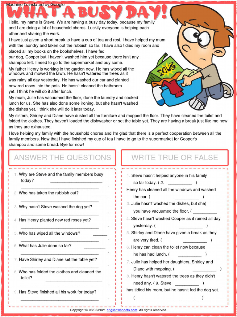 Present Perfect Tense What A Busy Day Esl Reading Comprehension ...