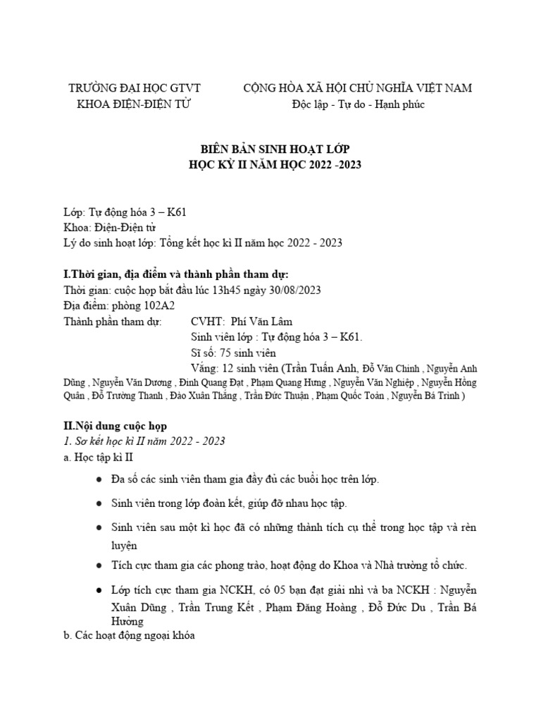 Bien Ban Sinh Hoat Lop K61 | PDF