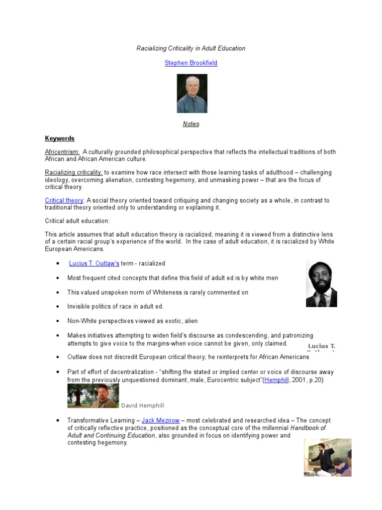 Racializing Criticality in Adult Education: Stephen Brookfield | PDF ...
