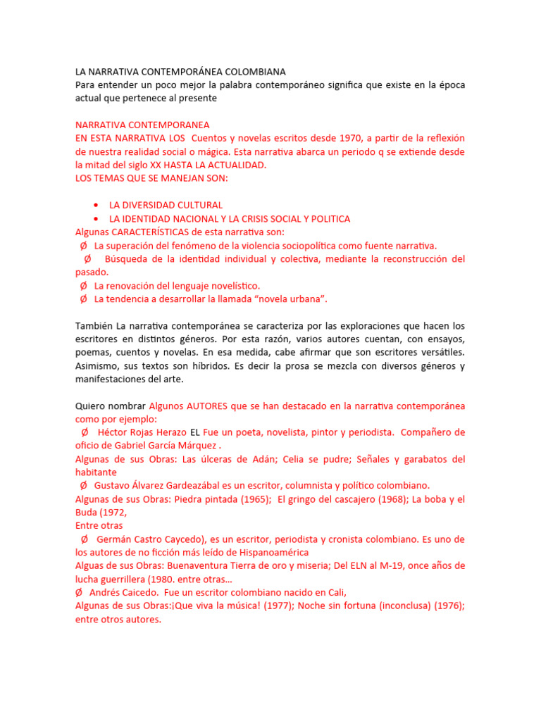 La Narrativa Cotemporánea Colombiana | PDF