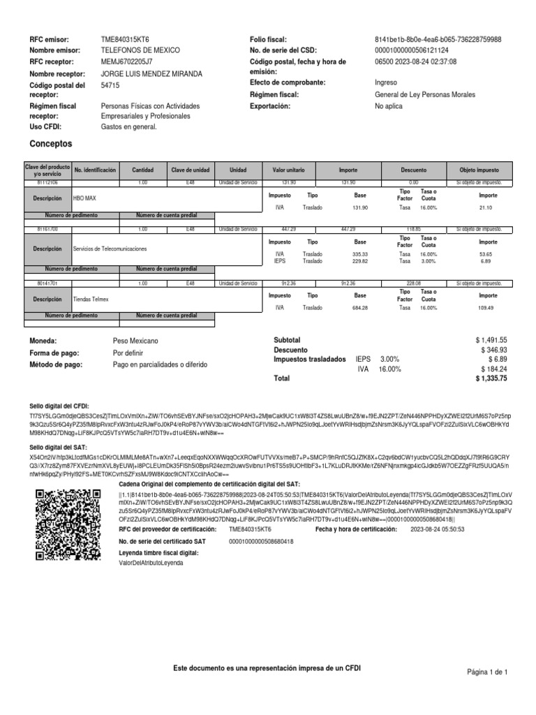 Conceptos: Hbo Max IVA Traslado 131.90 Tasa 16.00% 21.10 | PDF ...