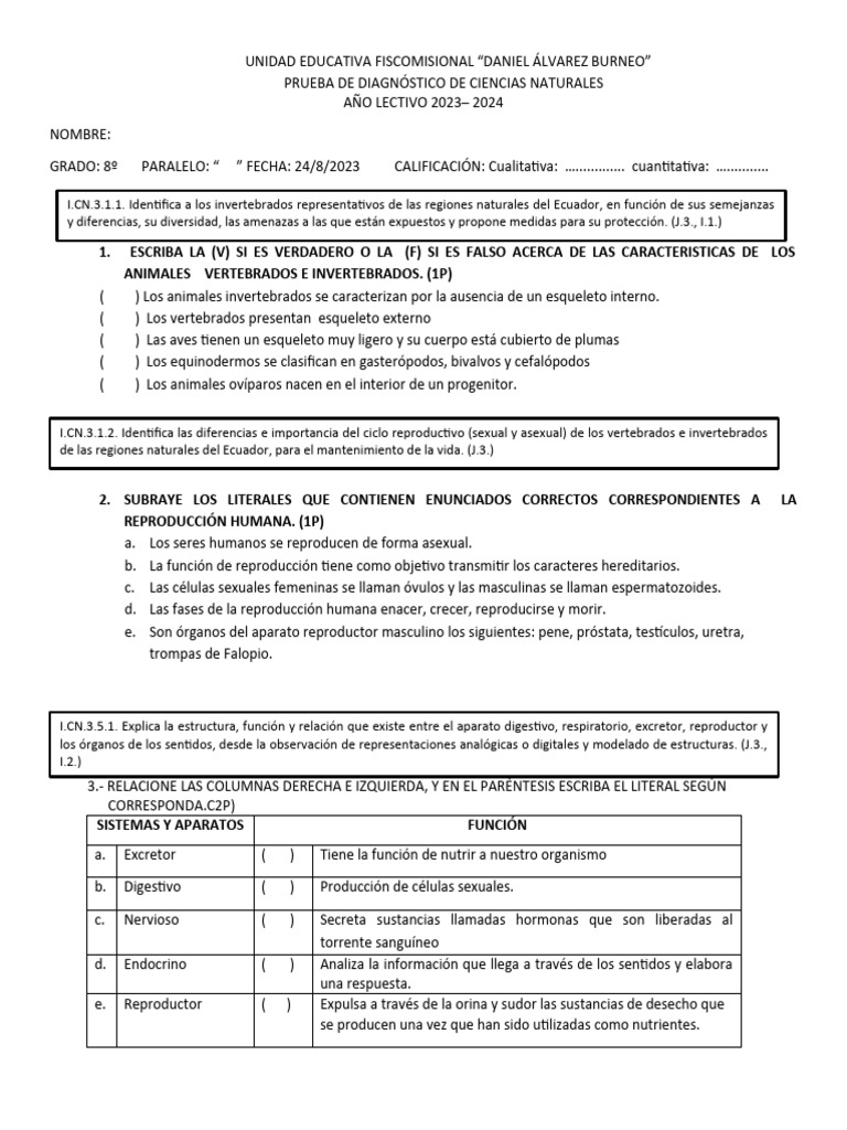 Evaluacion Diagnostica de CCNN-2023-2024 | PDF