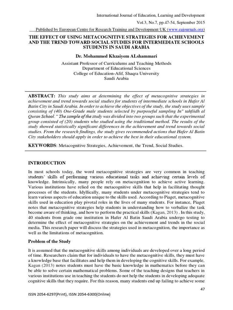 The Effect Of Using Metacognitive Strategies For Achievement And The Trend Pdf Metacognition