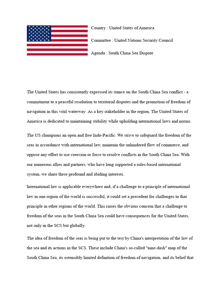Position Paper Usa Unsc Amun | PDF | International Law | South China Sea