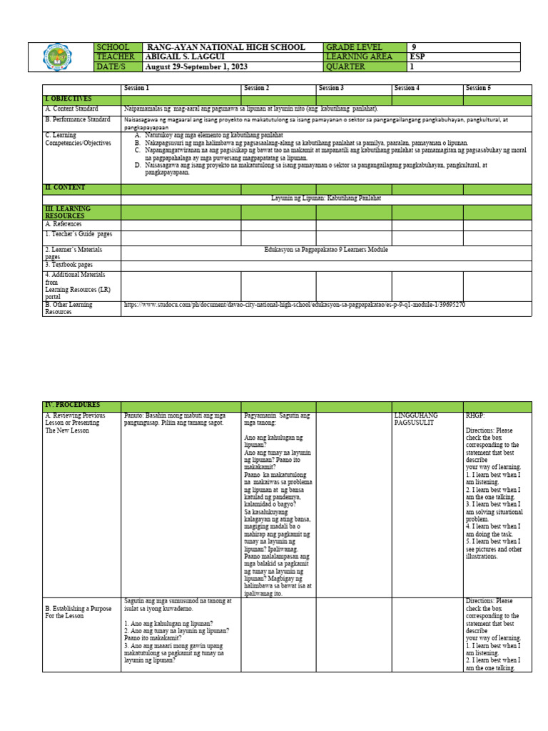 ESP DLL QUARTER 1 WK 1 | PDF