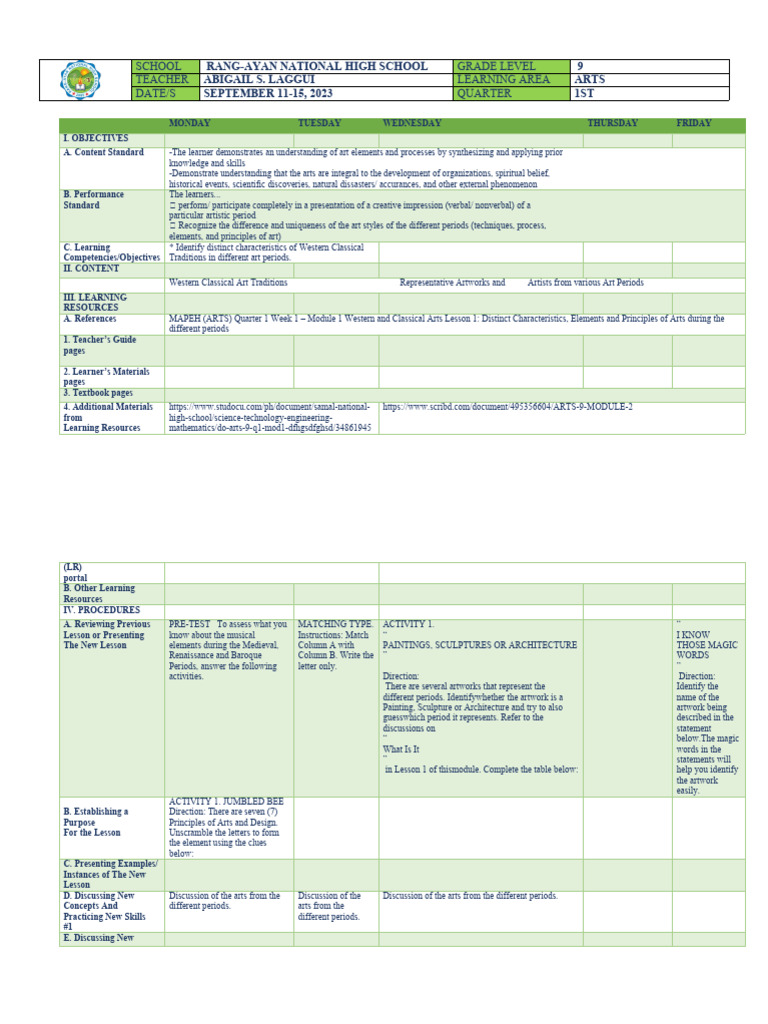 Arts 9 DLL Quarter 1 | PDF | Learning | Cognitive Science