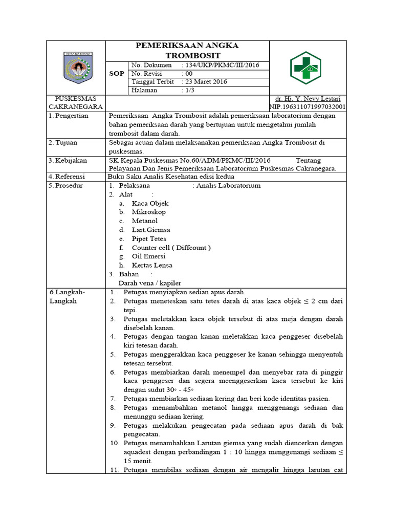 Prosedur Pemeriksaan Angka Trombosit | PDF