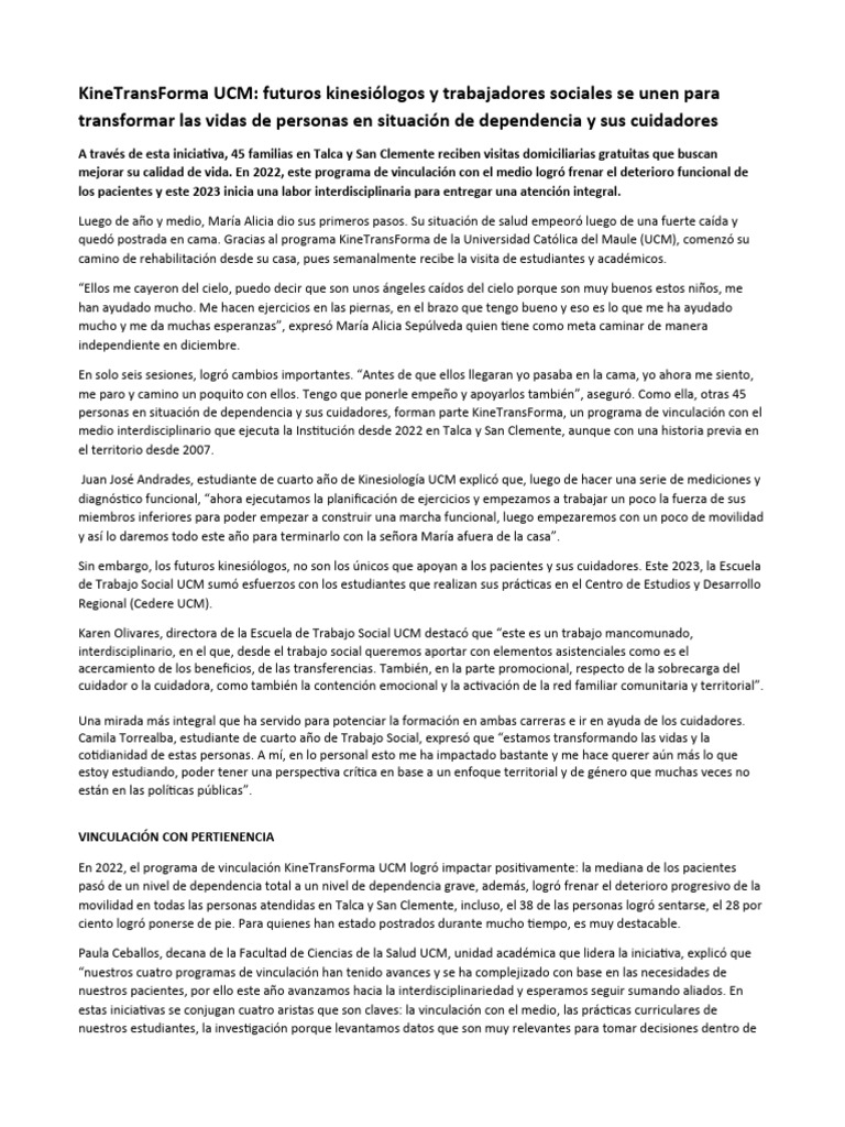 Nota Hito 1 Kinetransforma UCM 2023 | PDF | Trabajo Social | Interdisciplinariedad