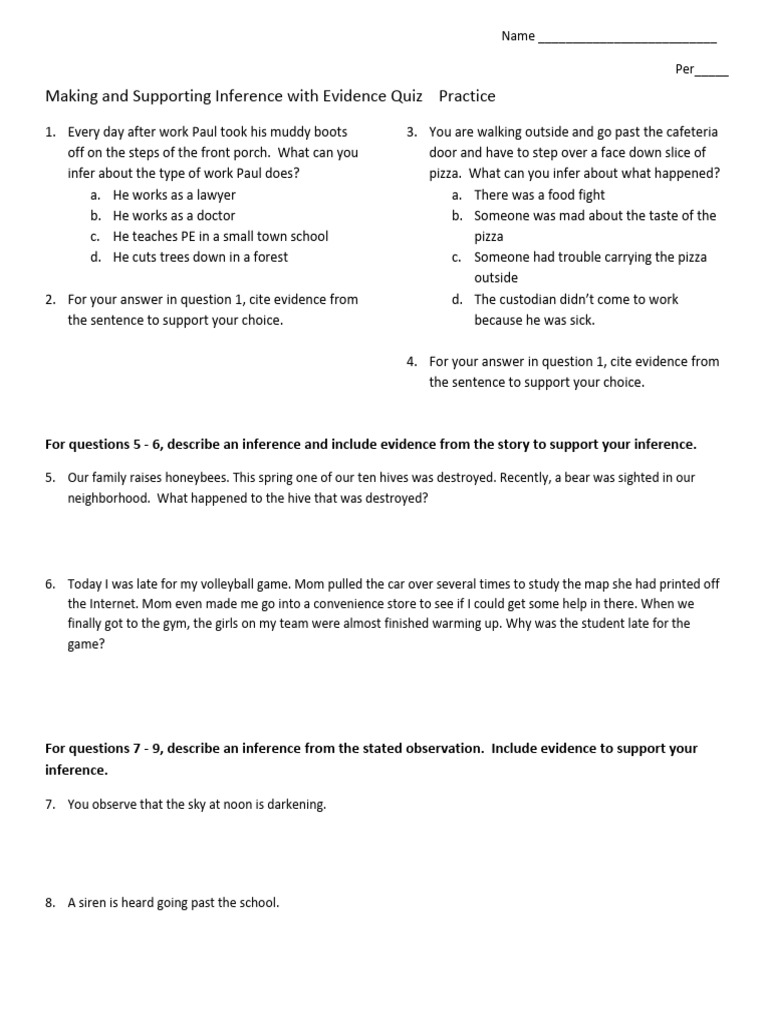 Inference and Evidence Quiz Practice | PDF