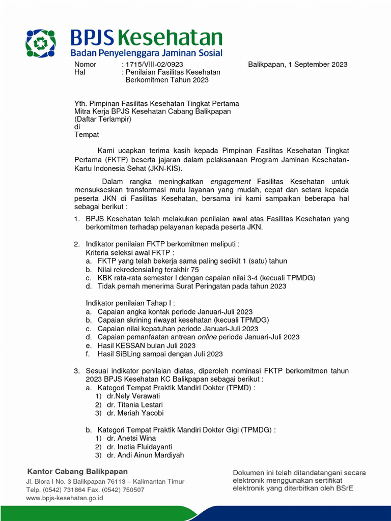 Penilaian FKTP 2023 BPJS Balikpapan | PDF | Bisnis | Kesehatan Holistik