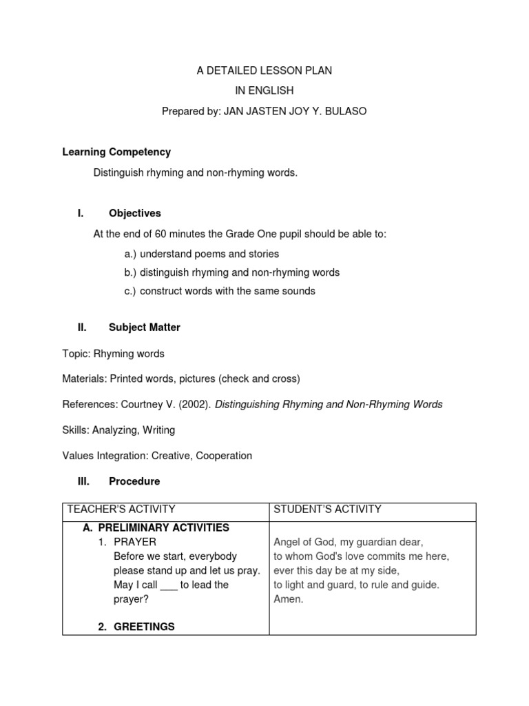 Grade 1 Rhyming Words Lesson Plan | PDF | Lesson Plan | Poetry
