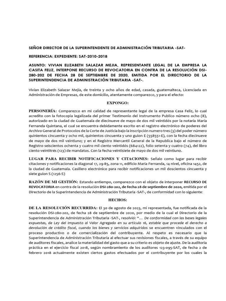 Recurso de Revocatoria SAT: La Casita Feliz | PDF