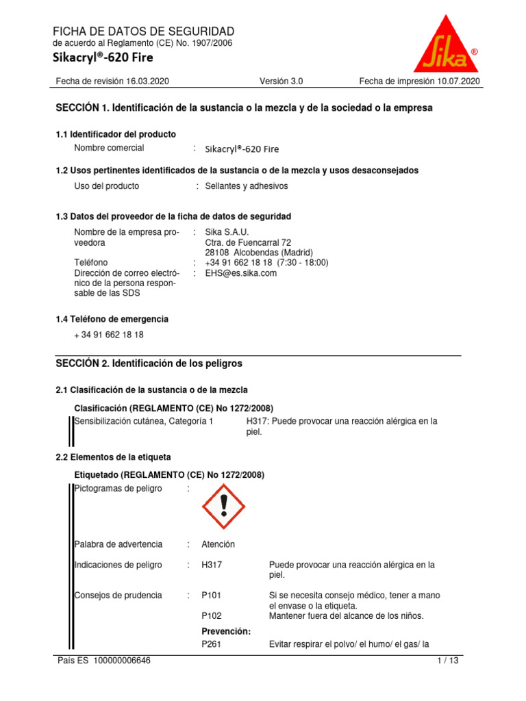 SIkacryl-620 Fire (MSDS) | PDF | Residuos | Toxicidad