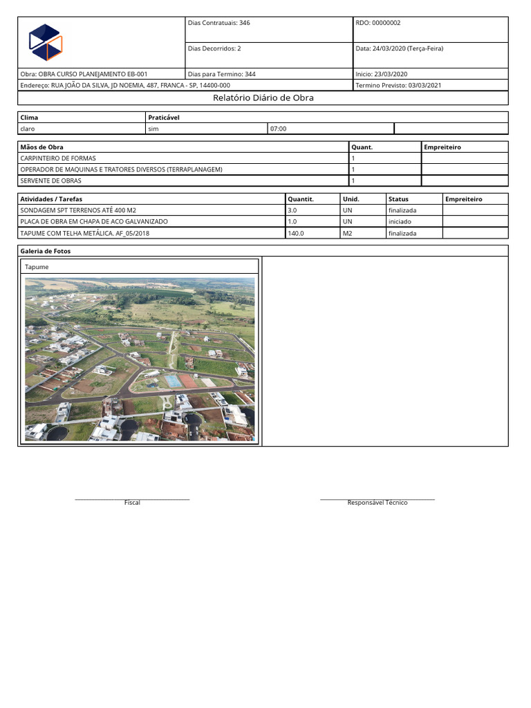 Relatorio Diario de Obras 2020-03-24 | PDF Relatorio Diario de Obras 2020-03-24 | PDF