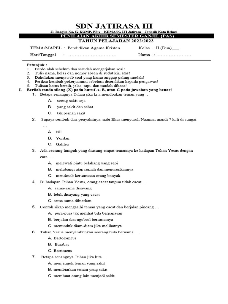 Soal Agama Kristen Kls 2 | PDF