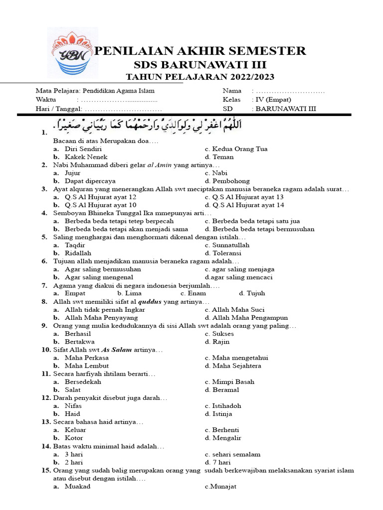 Soal PAS PAI Kelas 4 SD 2022/2023 | PDF