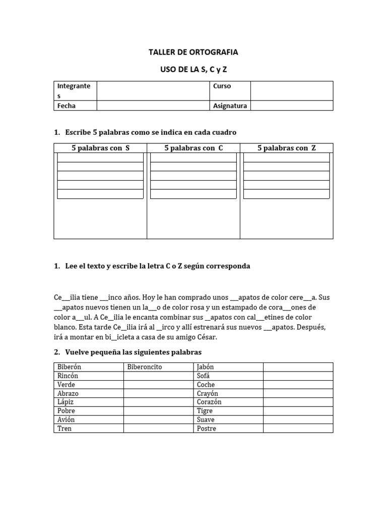 TALLER DE ORTOGRAFIA Uso de La S, C y Z | PDF