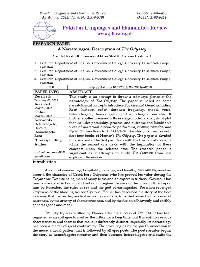 Narratology of The Odyssey Explored | PDF | Odyssey | Trojan War Literature