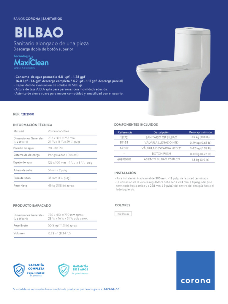 SANITARIO BILBAO BCO Ficha Tecnica Comercial | PDF