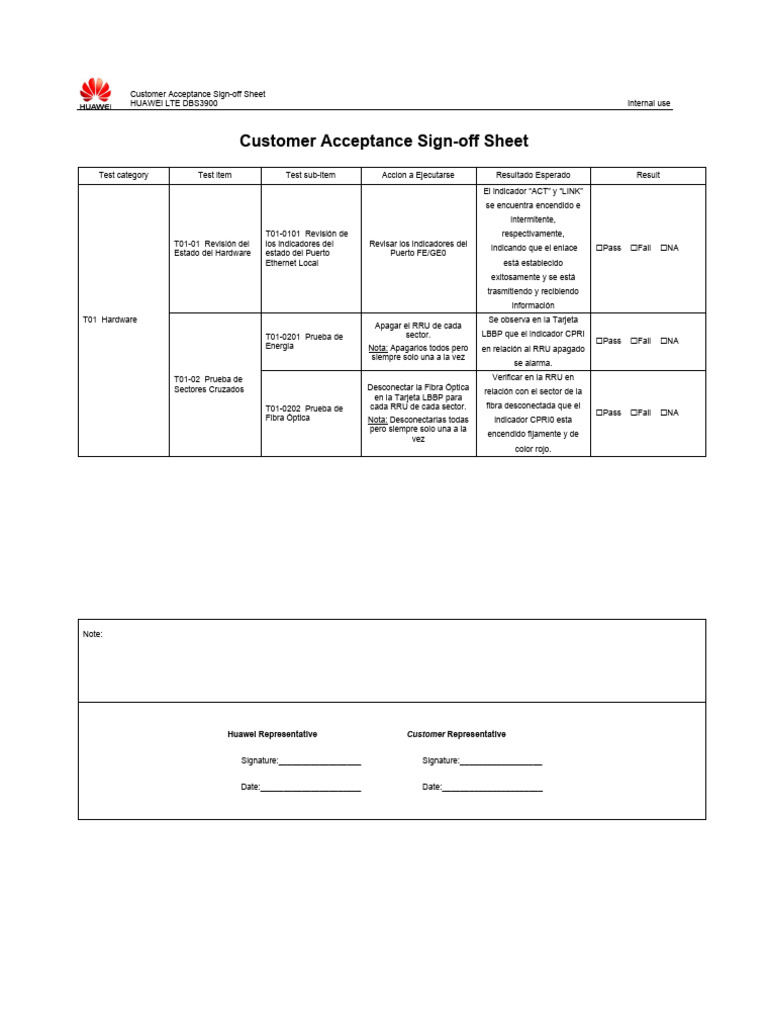 Customer Acceptance Sign-Off Sheet ATP DBS3900 Lv1 | PDF