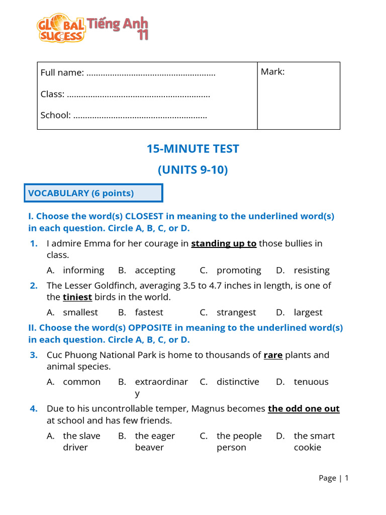 15-Minute Test 4 (Units 9-10) | PDF