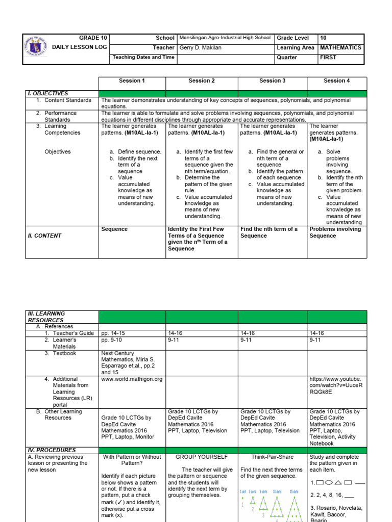 G10 - DLL - First Quarter | PDF | Learning | Sequence