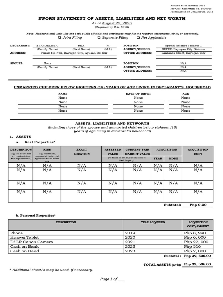 2015 Saln Form | PDF | Net Worth | Business Economics