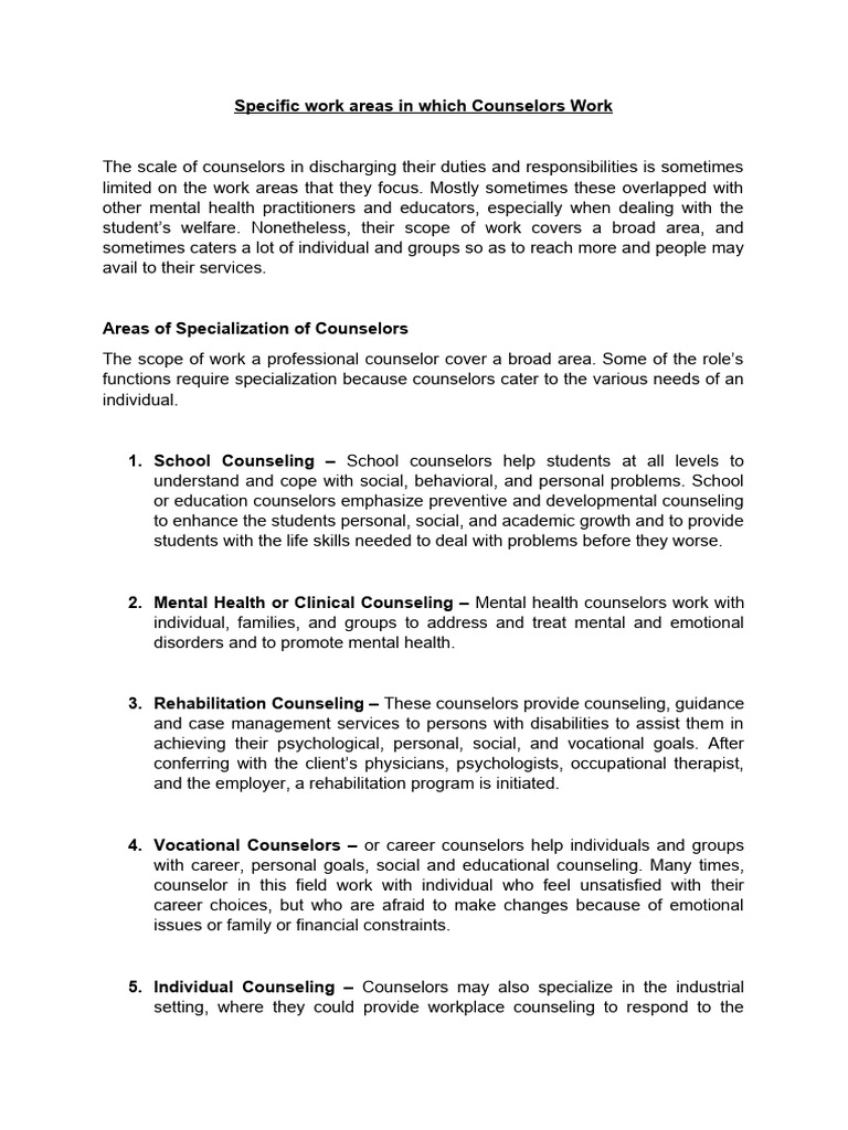 Counselor Specializations and Work Areas | PDF | Career & Growth ...