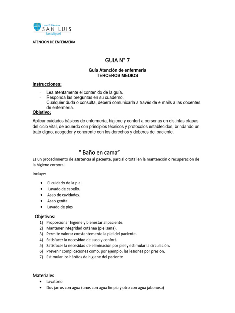 Guia 7 Enfermeria 3° Aplicacion de Cuidados Basicos | PDF | Lavado de ...