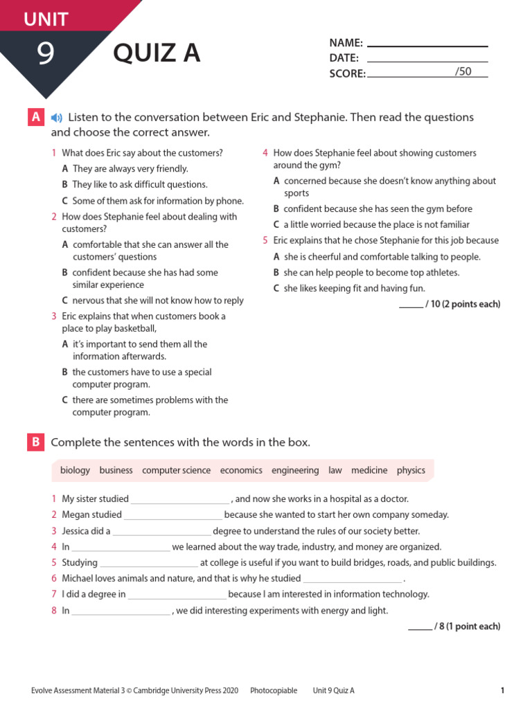 Evolve Level 3. Unit 9 Quiz A | PDF