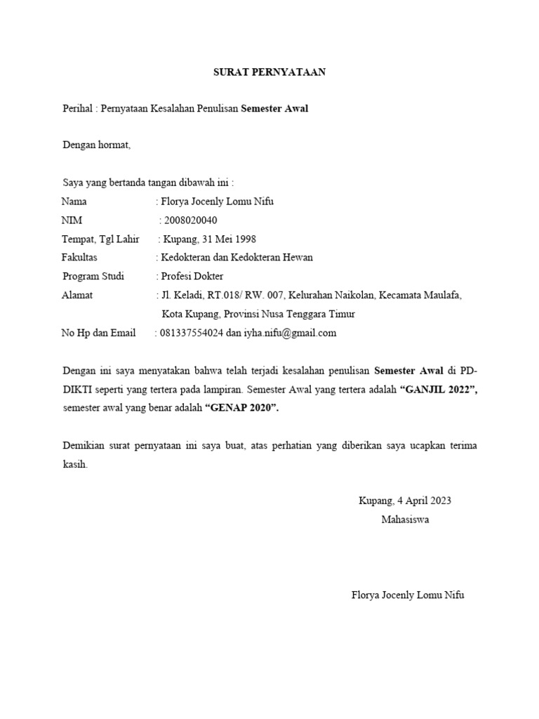 Surat Pernyataan PDDIKTI - Florya Jocenly Lomu Nifu | PDF