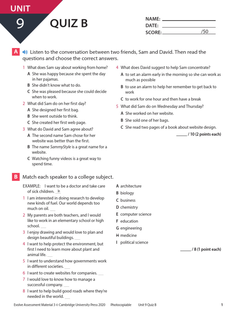 Evolve Level 3. Unit 9 Quiz B | PDF | Internship | Job Hunting Evolve Level 3. Unit 9 Quiz B | PDF | Internship | Job Hunting