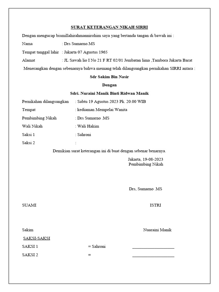 Surat Keterangan Nikah Sirri | PDF