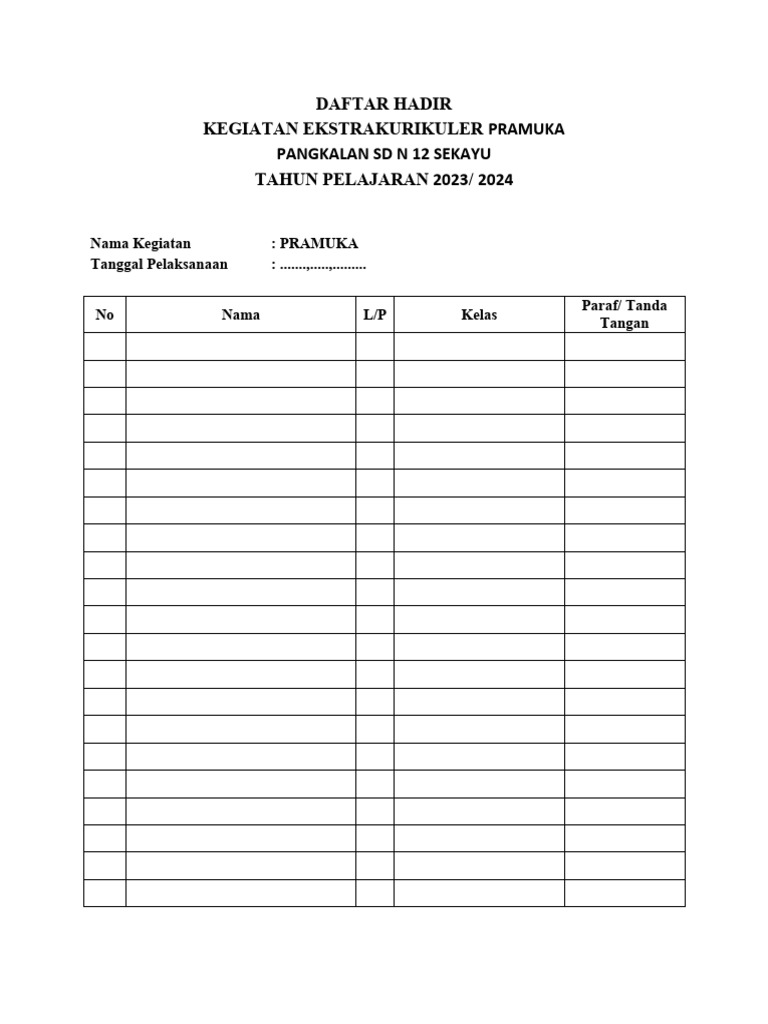 Format Daftar Hadir Kegiatan Ekskul | PDF