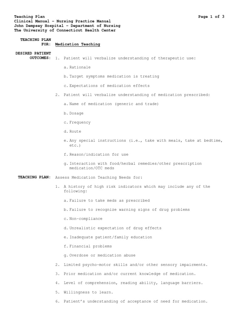 Medication Teaching Plan Overview | PDF | Medical Prescription | Nursing