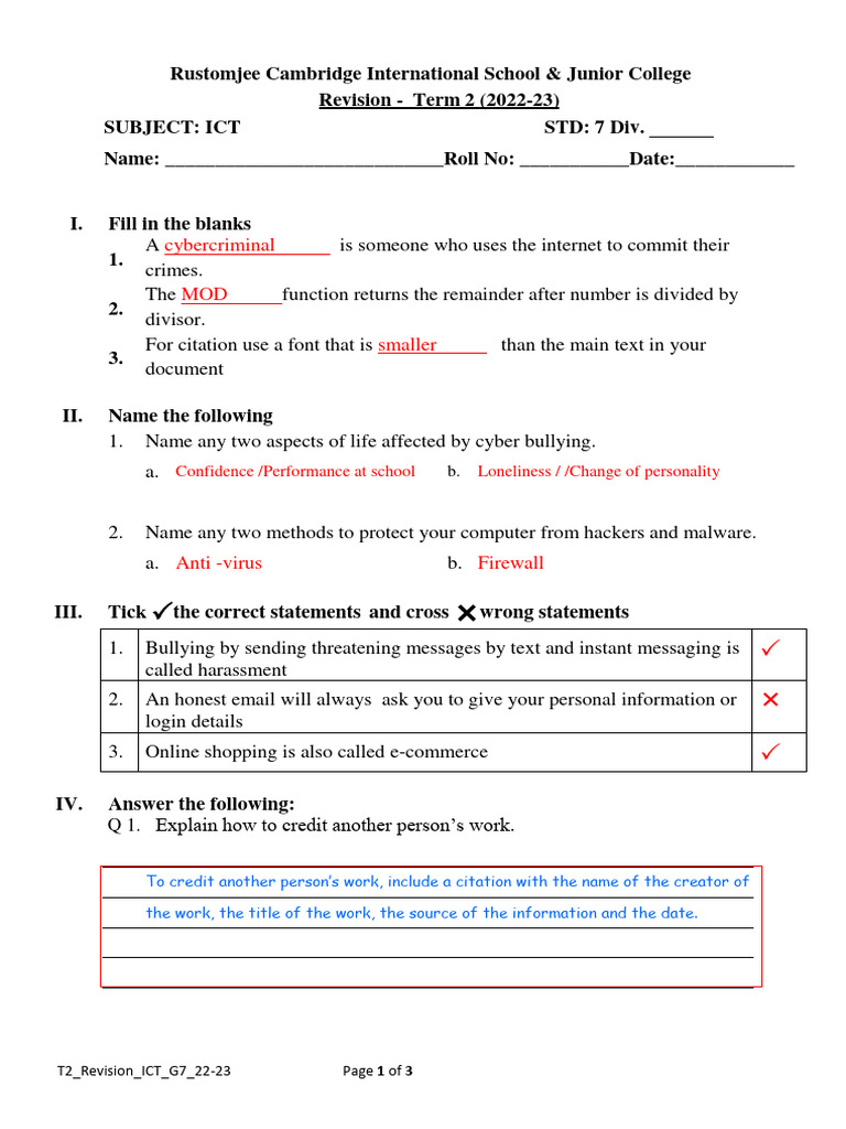 SA2 ICT Grade 7 Revision - Answer Key | PDF | Malware | Cyberbullying
