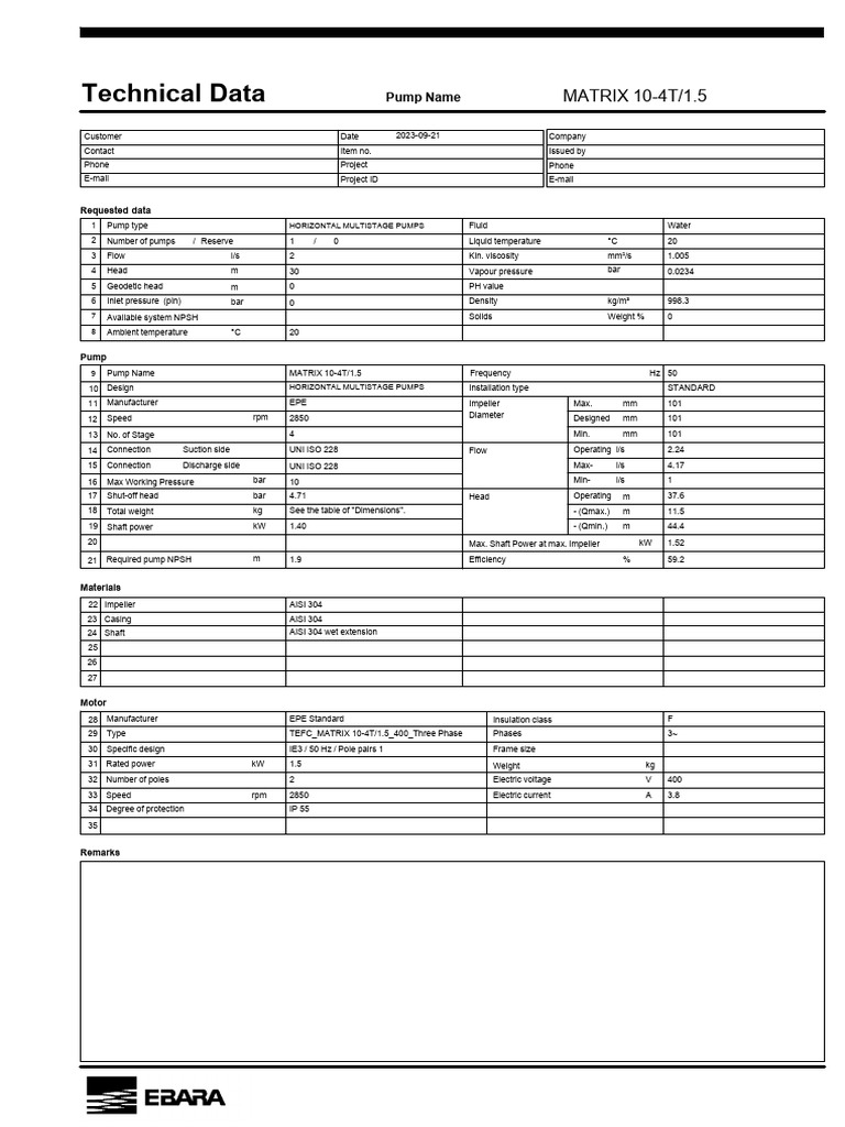 Data - Sheet - MATRIX - 10-4T - 1.5 - DWS + FWS SYSTEM | PDF | Pump | Fluid Mechanics