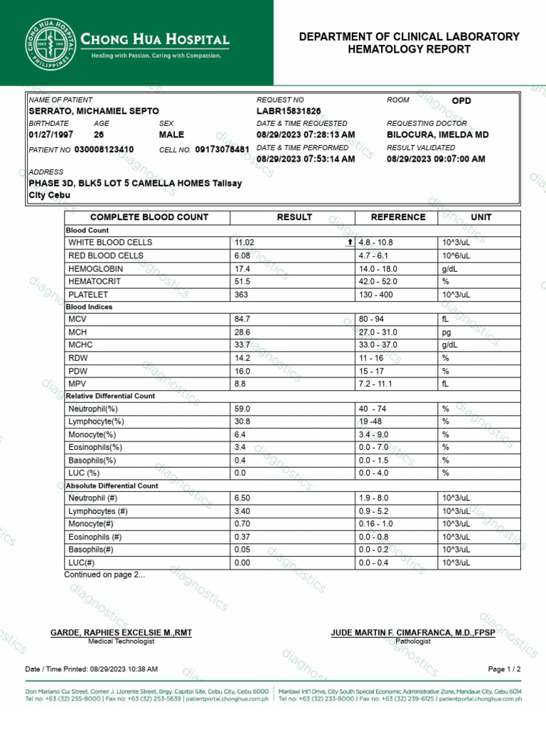 Hematology Report for Michamiel Serrato | PDF | Animal Anatomy ...